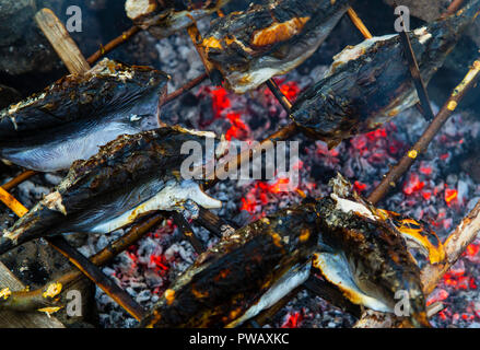 Roasting fish on fire closeup Stock Photo - Alamy