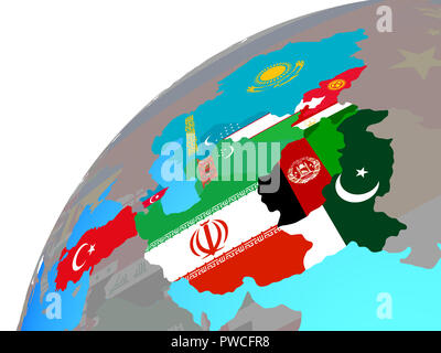 ECO member states with national flags on 3D globe. 3D illustration ...