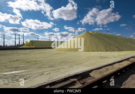 Sulfur piles storage at the PAO Gazprom factory in Astrakhan, Russia ...
