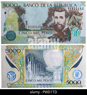 A Colombian money, five thousand pesos on white background with copy ...