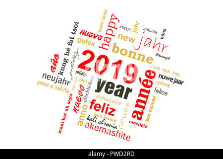 2019 new year multilingual text word cloud greeting card in the shape ...