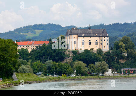 Grein: castle Schloss Greinburg, river Donau (Danube), church, from ...
