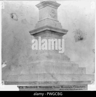 A close-up view of the Broderick Monument located in Lone Mountain ...