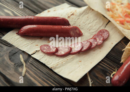 sliced sausage on pita bread .photo with copy space Stock Photo - Alamy