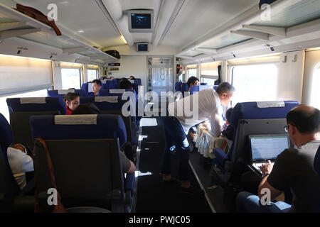 Interior of Afrosiyob high speed train at Samarkand Train Station ...