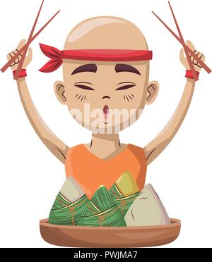 Asian man with rice dumplings cartoons in black and white vector ...