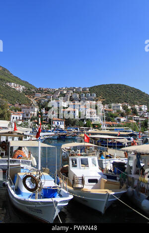 Harbour of city Kas (Kash) in Turkey and Greek island Kastelorizo Stock ...