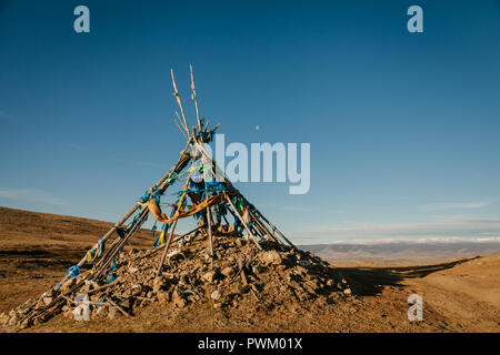 Mongolian Ovoo, Sacred pass in Mongolian desert mountains, Mongolia ...