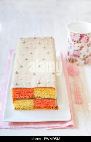Battenberg cake with marzipan and edible silver beads Stock Photo - Alamy