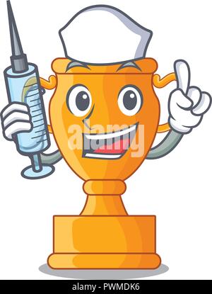 Syringe with Trophy - A cartoon illustration of a Syringe Mascot with a ...