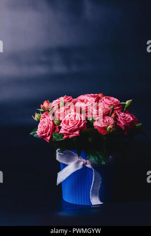 Rose bush in basket of Barbados variety on dark simple background Stock ...