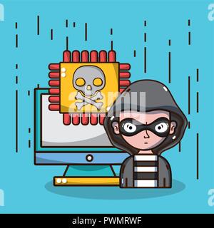 cartoon hacker man with cyber security icons around over white Stock ...