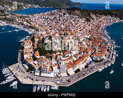 Top aerial view of the Poros island Sea harbor, Aegean sea, Greece ...