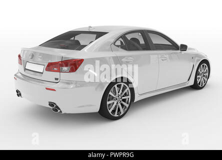 car isolated on white - white paint, transparent glass - back-left side ...