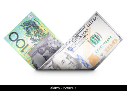 Two money bills aligned on top of each other and bended so that it ...