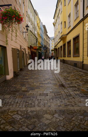 Linz, Austria: Street view with colorful historical buildings in the ...