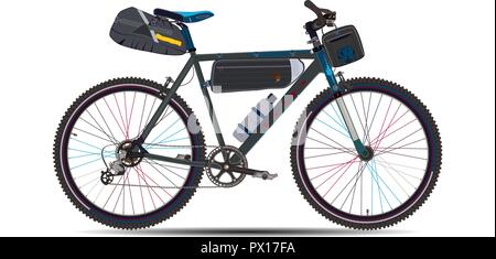 Vector illustration of bikepacking bicycle with saddlebag, frame and ...