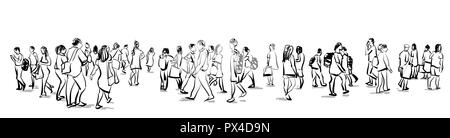 crowd of people walking ink sketch isolated on white background urban ...