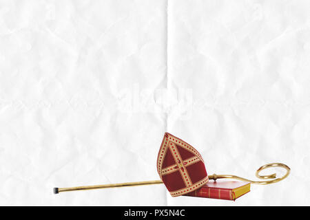 Mitre or miter book and staff of saint nicholas. Isolated on white ...