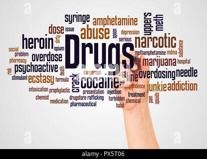 Narcotic word cloud and hand with marker concept on white background ...