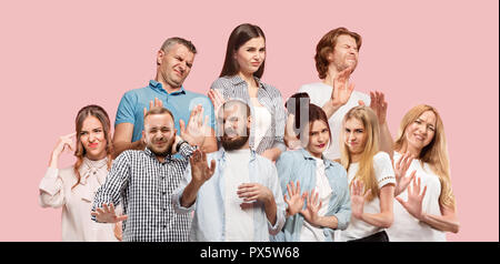 Collage about reject, rejection, doubt concept. Doubtful women and men ...