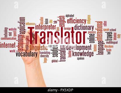 Translation word cloud and hand with marker concept on white background ...
