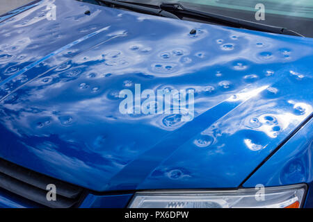 Severe hail damage to the hood of automobile, Aurora Colorado USA. The ...
