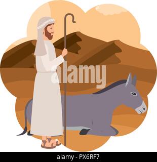 Christmas nativity scene of Joseph with cane and Mary holding baby ...