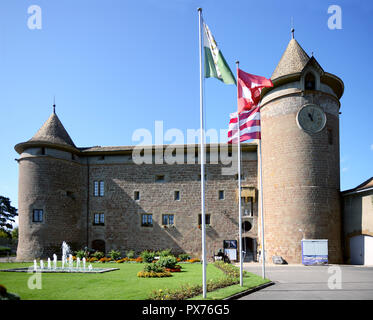Morges Castle and marina at Lake Geneva, panoramic image, Morges, Vaud ...