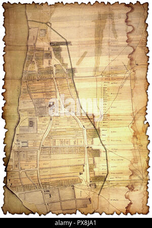 Yellowed and stained piece of old map on a white background, isolated ...
