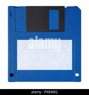 Standard blue floppy disk isolated on white background. Backside view ...
