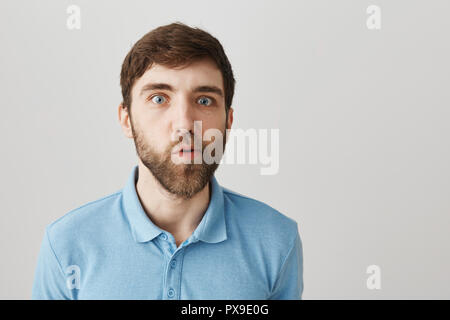 Excited fascinated european cute young girl blond hair smiling open ...