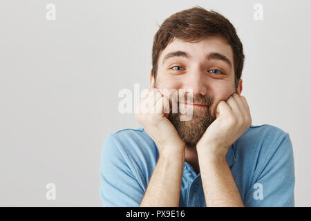 Sad gloomy bearded mature man lean head palm frowning look upper left ...