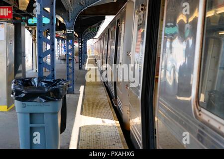 Brooklyn, NY; Aug 2018: Close up of trains parked at the Brighton Beach ...