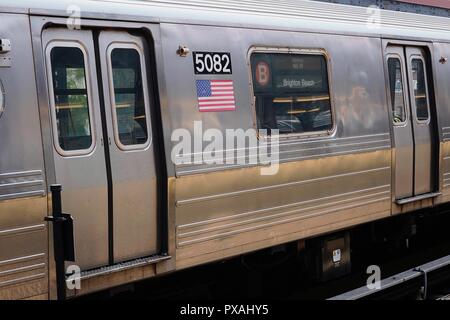 Brooklyn, NY; Aug 2018: Close up of trains parked at the Brighton Beach ...