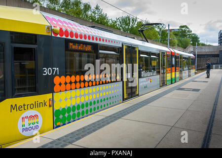 The Rainbow Tram, a Manchester Metrolink tram decorated with rainbow ...