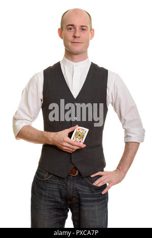 Bald Caucasian magician man holding rope for magic trick Stock Photo ...