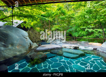 A heated outdoor bath, or rotenburo, at a traditional Japanese inn in ...