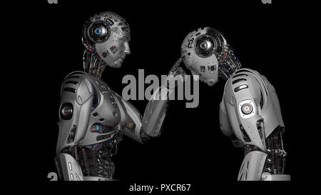Futuristic robot man touching the forehead of another identical robot ...