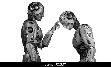 Futuristic robot man touching the forehead of another identical robot ...
