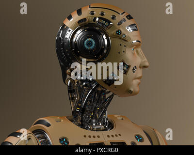 Detailed futuristic robot head. Isolated on black background. 3D Render ...
