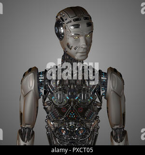Futuristic Robot Man with uncovered internal body system. Upper body ...
