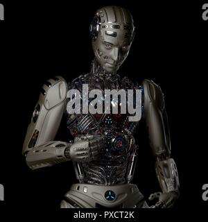 Futuristic Robot Man with uncovered internal body system. Upper body ...