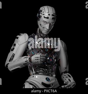 Futuristic Robot Man with uncovered internal body system. Upper body ...