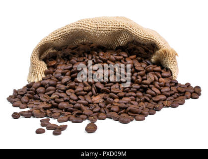 Sackcloth full of roasted coffee beans and wooden spoon on marble ...
