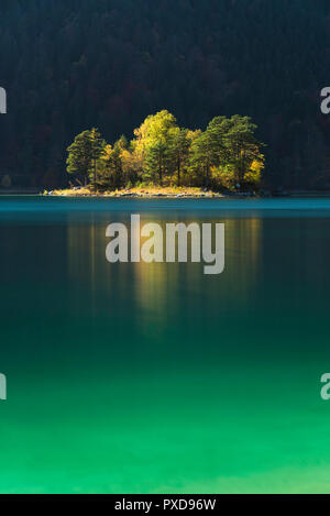 Ludwig island in Eibsee lake, near Grainau, Werdenfelser Land, aerial ...
