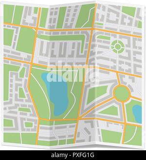 City street cartography folded paper map plan with GPS location place ...
