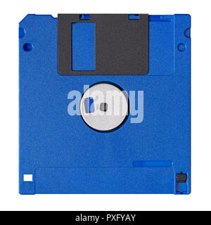 Standard blue floppy disk isolated on white background. Backside view ...