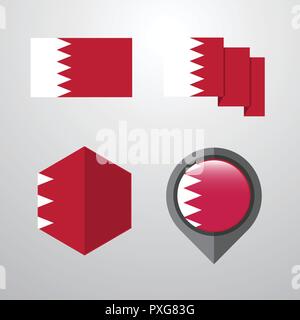 Bahrain flag icon set. Bahraini pennant in official colors and proportions. Rectangular, map ...