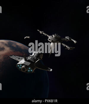 Science fiction space station docking bay with view of a planet through ...